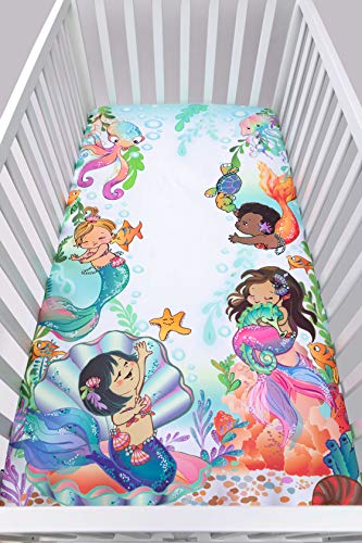 Baby Titi - Fitted Crib Sheet, Mermaids Under The Sea, Soft Microfiber, Crib Sheets for Girls, African American, Asian, Latina Mattress Sheets for Crib and Toddler Beds (Mermaid)…