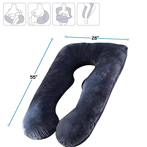 Creatop Pregnancy Body Pillows with Velvet Cover, U Shaped Full Body Pillow, Long Maternity Pillow, Support for Back, Neck, Legs, Hip and Belly Removable Washable Cover, 55 inches Black