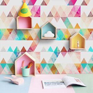 amaonm removable 15.8 x 98.4inch rainbow colorful geometry triangle wall decals diy wallpaper wall stickers murals decor for kids children babys girls bedroom teens nursery living room door desk decoration (triangle)