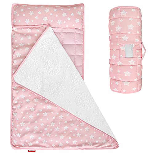 Moonsea Toddler Nap Mat Pink, Removable Pillow and Fleece Minky Blanket, Lightweight and Soft Perfect for Kids Preschool, Daycare, Travel Sleeping Bag for Girls, 21" x 50" Fit on a Standard Cot