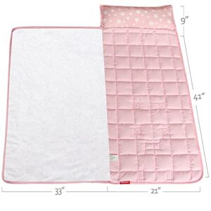 Moonsea Toddler Nap Mat Pink, Removable Pillow and Fleece Minky Blanket, Lightweight and Soft Perfect for Kids Preschool, Daycare, Travel Sleeping Bag for Girls, 21" x 50" Fit on a Standard Cot