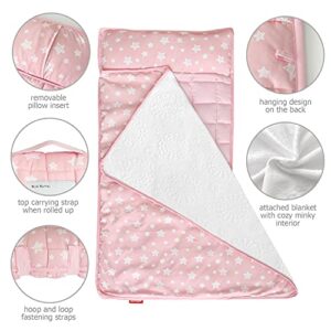 Moonsea Toddler Nap Mat Pink, Removable Pillow and Fleece Minky Blanket, Lightweight and Soft Perfect for Kids Preschool, Daycare, Travel Sleeping Bag for Girls, 21" x 50" Fit on a Standard Cot