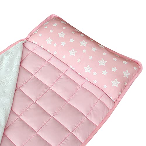 Moonsea Toddler Nap Mat Pink, Removable Pillow and Fleece Minky Blanket, Lightweight and Soft Perfect for Kids Preschool, Daycare, Travel Sleeping Bag for Girls, 21" x 50" Fit on a Standard Cot