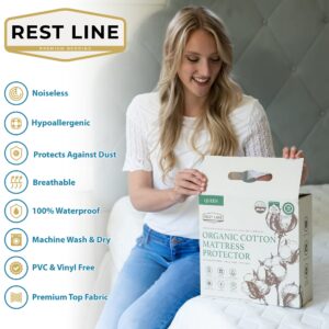 Rest LINE 100% Organic Cotton Mattress Protector. Crib and Cot Cover (28x52in),100% Waterproof,Cooling, Hypoallergenic Cover Stretches 6 to 8 Inch dept and Protects Against Wetting Accidents