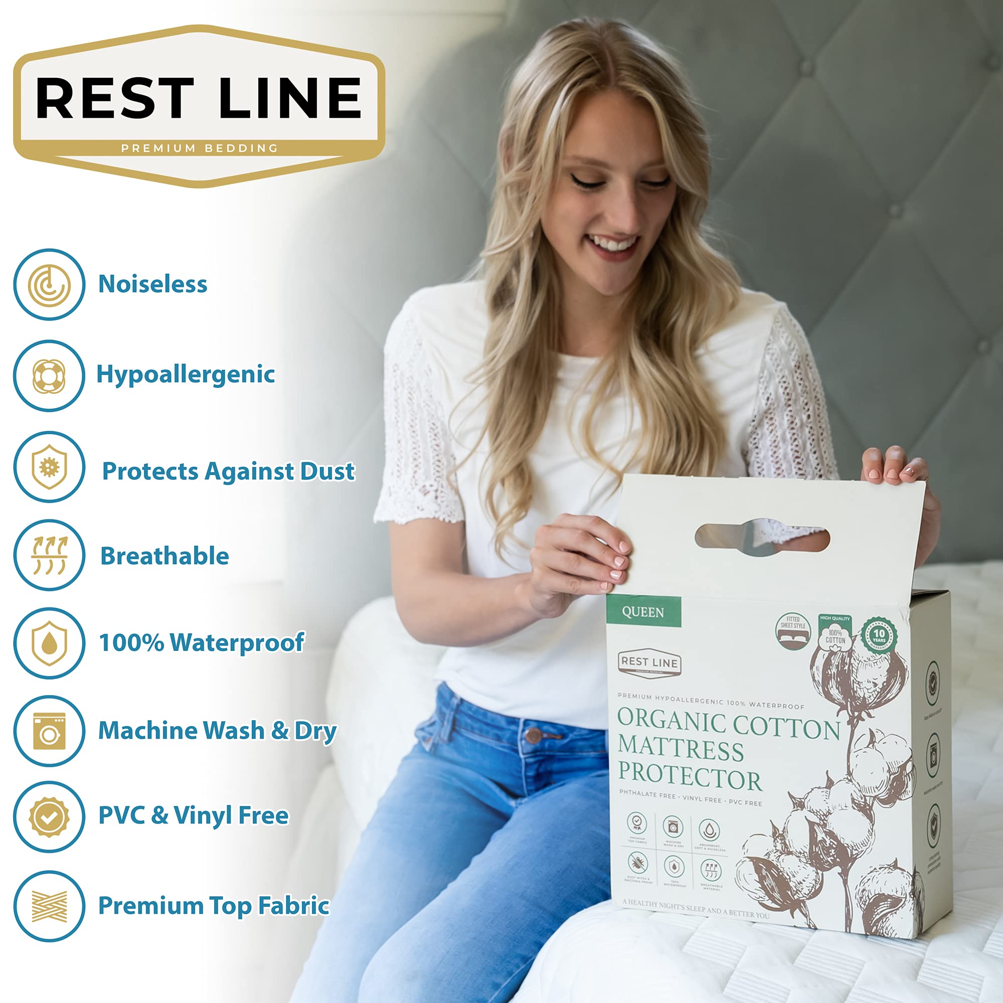 Rest LINE 100% Organic Cotton Mattress Protector. Crib and Cot Cover (28x52in),100% Waterproof,Cooling, Hypoallergenic Cover Stretches 6 to 8 Inch dept and Protects Against Wetting Accidents