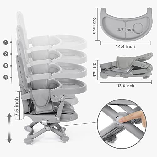 YOLEO High Chairs for Babies and Toddlers, Booster Seat for Dining Table with 4 Level Height Adjustable, Travel High Chair Folding Booster Seat with Cushion (Grey)