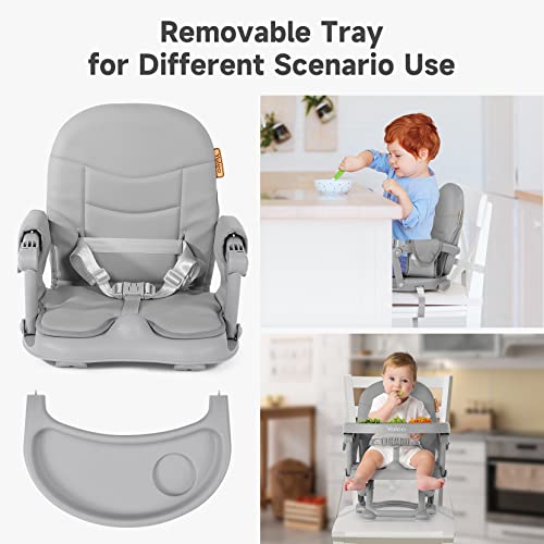 YOLEO High Chairs for Babies and Toddlers, Booster Seat for Dining Table with 4 Level Height Adjustable, Travel High Chair Folding Booster Seat with Cushion (Grey)