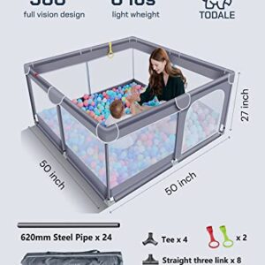 TODALE Baby Playpen for Toddler, Large Baby Playard, Indoor & Outdoor Kids Activity Center with Anti-Slip Base, Sturdy Safety Play Yard with Soft Breathable Mesh, Playpen for Babies(Gray,50”×50”)