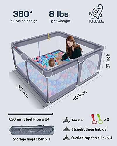 TODALE Baby Playpen for Toddler, Large Baby Playard, Indoor & Outdoor Kids Activity Center with Anti-Slip Base, Sturdy Safety Play Yard with Soft Breathable Mesh, Playpen for Babies(Gray,50”×50”)