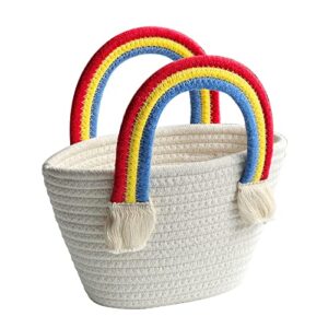 rainbow little girl basket cute mini basket small handle basket girl's handbag basket 9.5 "*9.5" *5.5 "fashion cotton basket with tassel empty gift basket handmade pure cotton white bohemian style