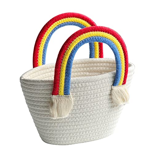 Rainbow Little Girl Basket Cute Mini Basket Small Handle Basket Girl's Handbag Basket 9.5 "*9.5" *5.5 "Fashion cotton basket with tassel Empty Gift Basket Handmade Pure cotton White Bohemian Style