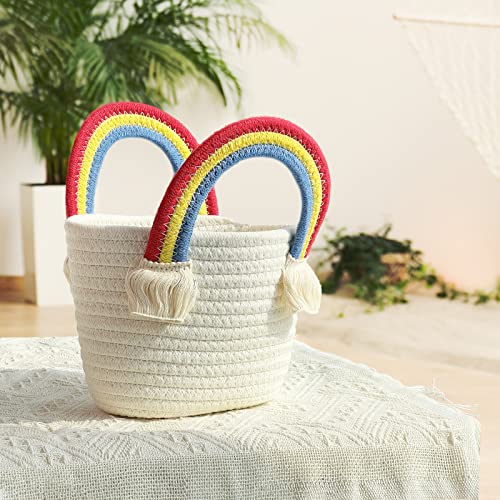 Rainbow Little Girl Basket Cute Mini Basket Small Handle Basket Girl's Handbag Basket 9.5 "*9.5" *5.5 "Fashion cotton basket with tassel Empty Gift Basket Handmade Pure cotton White Bohemian Style