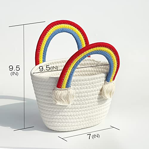 Rainbow Little Girl Basket Cute Mini Basket Small Handle Basket Girl's Handbag Basket 9.5 "*9.5" *5.5 "Fashion cotton basket with tassel Empty Gift Basket Handmade Pure cotton White Bohemian Style