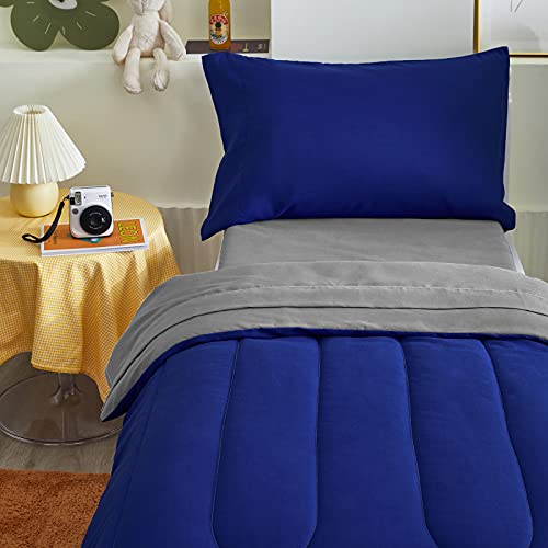 UOZZI BEDDING 4 Pieces Toddler Bedding Set Ultra Soft and Breathable Toddler Sheet Set - Includes Comforter, Flat Sheet, Fitted Sheet and Pillowcase - Royal Blue & Gray