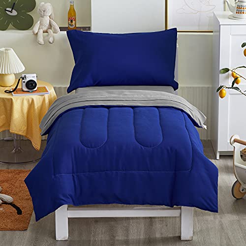 UOZZI BEDDING 4 Pieces Toddler Bedding Set Ultra Soft and Breathable Toddler Sheet Set - Includes Comforter, Flat Sheet, Fitted Sheet and Pillowcase - Royal Blue & Gray