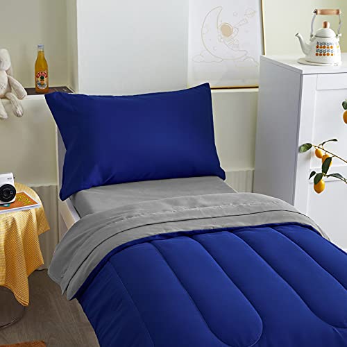 UOZZI BEDDING 4 Pieces Toddler Bedding Set Ultra Soft and Breathable Toddler Sheet Set - Includes Comforter, Flat Sheet, Fitted Sheet and Pillowcase - Royal Blue & Gray