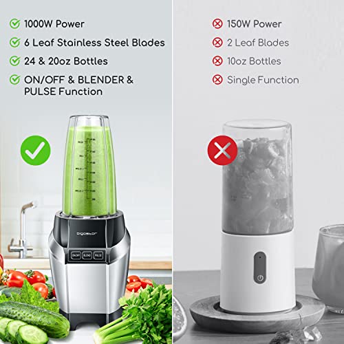 Aigostar 1000W Bullet Blender for Shakes and Smoothies, Personal Blender for Kitchen, Smoothie Blender Juice Licuadora for Crushing Ice Puree Frozen Fruit, Countertop Blender & 24 oz 20 oz To-Go Cups