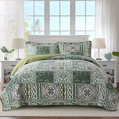 NEWLAKE Cotton Bedspread Quilt Sets-Reversible Patchwork Coverlet Set, Green Classic Bohemian Pattern,Queen Size