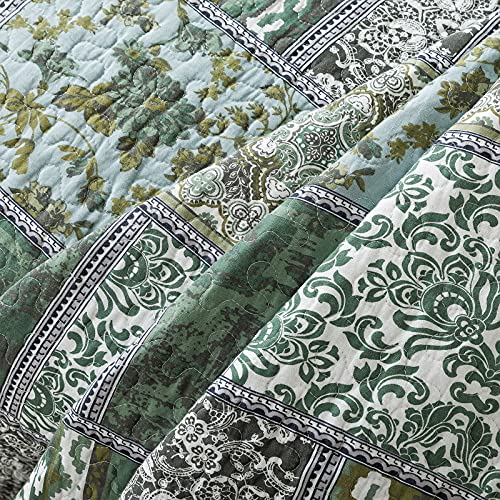 NEWLAKE Cotton Bedspread Quilt Sets-Reversible Patchwork Coverlet Set, Green Classic Bohemian Pattern,Queen Size