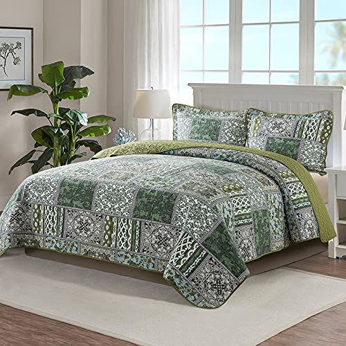 NEWLAKE Cotton Bedspread Quilt Sets-Reversible Patchwork Coverlet Set, Green Classic Bohemian Pattern,Queen Size