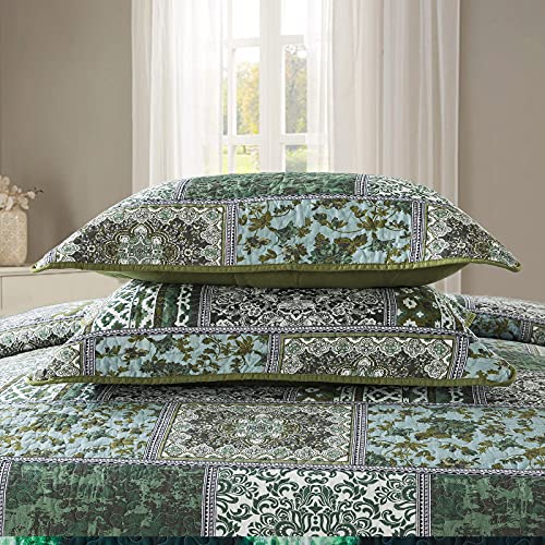 NEWLAKE Cotton Bedspread Quilt Sets-Reversible Patchwork Coverlet Set, Green Classic Bohemian Pattern,Queen Size