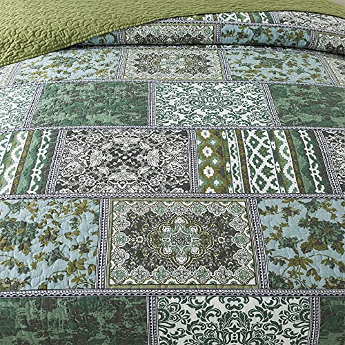 NEWLAKE Cotton Bedspread Quilt Sets-Reversible Patchwork Coverlet Set, Green Classic Bohemian Pattern,Queen Size