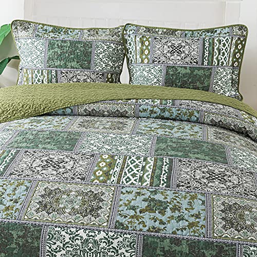 NEWLAKE Cotton Bedspread Quilt Sets-Reversible Patchwork Coverlet Set, Green Classic Bohemian Pattern,Queen Size