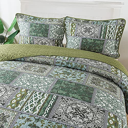 NEWLAKE Cotton Bedspread Quilt Sets-Reversible Patchwork Coverlet Set, Green Classic Bohemian Pattern,Queen Size