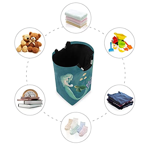 Summer Mermaid Pearl Sea Turtle Laundry Hamper Summer Undersea Oxford Collapsible Clothes Basket Large Storage 12.6x11x22.7Inches for Bedroom Laundry Room Bathroom