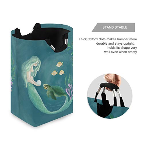 Summer Mermaid Pearl Sea Turtle Laundry Hamper Summer Undersea Oxford Collapsible Clothes Basket Large Storage 12.6x11x22.7Inches for Bedroom Laundry Room Bathroom