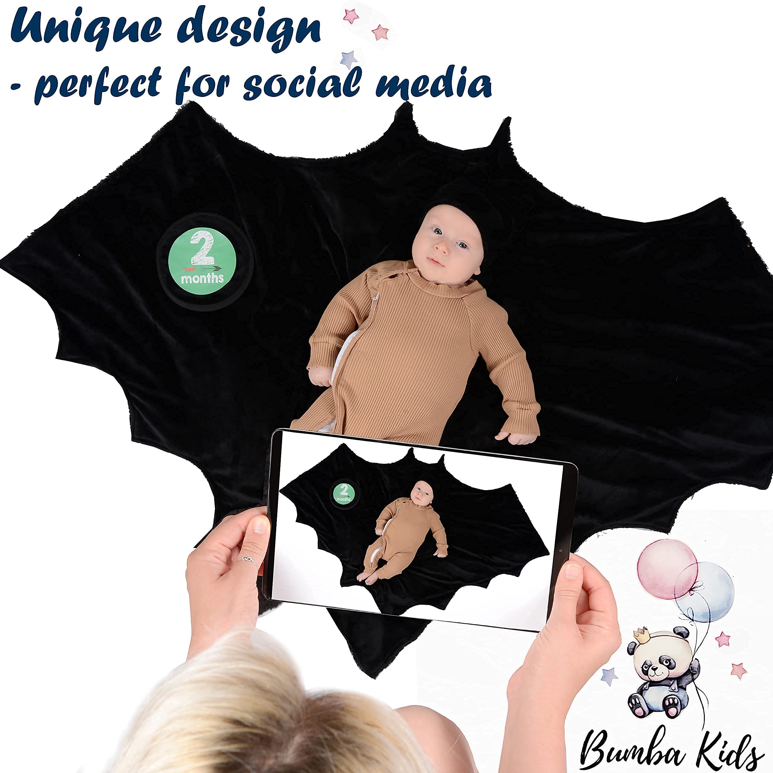 Bumba Kids Multi-Use Bat Blanket has a Monthly Baby Milestone Blanket Option and Plush Black Baby Hat with Ears, Baby Bat Swaddle Blanket, Black Baby Blanket, Black Swaddle Blanket, Goth Baby Stuff