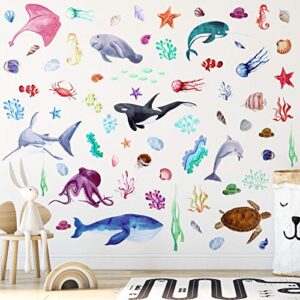 4 sheets watercolor ocean creatures wall stickers colorful sea life wall stickers under the sea fish jellyfish wall decor removable ocean themed wall decals for kids room nursery bedroom playroom