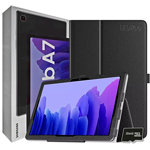 SAMSUNG 2020 Galaxy Tab A7 10.4” Inch 32 GB Wi-Fi Android 10 Touchscreen International Tablet Bundle – MDTec PU Leather Case, Screen Protector, Stylus and 32GB microSD Card [Gray]