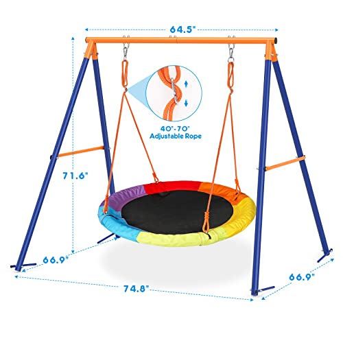 GIKPAL Saucer Swing with Stand for Kids Outdoor, 440lbs Swing Set with Heavy-Duty Metal Frame and Adjustable Ropes, Safe Waterproof Round Swing for Backyard Playground Park, Rainbow Color