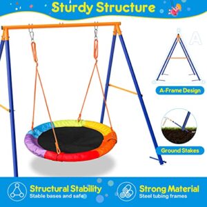 GIKPAL Saucer Swing with Stand for Kids Outdoor, 440lbs Swing Set with Heavy-Duty Metal Frame and Adjustable Ropes, Safe Waterproof Round Swing for Backyard Playground Park, Rainbow Color