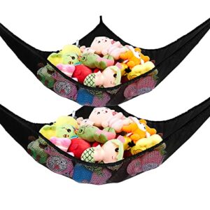 kanyool stuffed animal net, jumbo stuffed animal toy hammock hanging stuff animals organizer storage net boho large corner plush toys net holder for nursery play room bedroom kid room 2 pack black