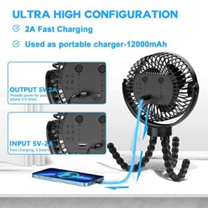 Portable Fan, Stroller Fan 60Hrs 12000mAh Battery Operated Fans USB Rechargeable Small Fan for Bedroom, Desk, Personal Handheld, Clip on Fans for Baby Stroller, Travel, Car Seat, Peloton, Bed, Camping