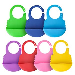 aricsen 7 pack silicone baby bibs for babies & toddlers (6-72 months), plastic adjustable fit waterproof feeding, easy wipe clean, soft, unisex, pouch non messy boys girls eating drink (7 colors)