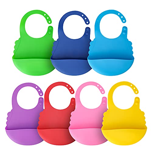 Aricsen 7 Pack Silicone Baby Bibs for Babies & Toddlers (6-72 Months), Plastic Adjustable Fit Waterproof Feeding, Easy Wipe Clean, Soft, Unisex, Pouch Non Messy Boys Girls Eating Drink (7 Colors)