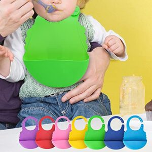 Aricsen 7 Pack Silicone Baby Bibs for Babies & Toddlers (6-72 Months), Plastic Adjustable Fit Waterproof Feeding, Easy Wipe Clean, Soft, Unisex, Pouch Non Messy Boys Girls Eating Drink (7 Colors)