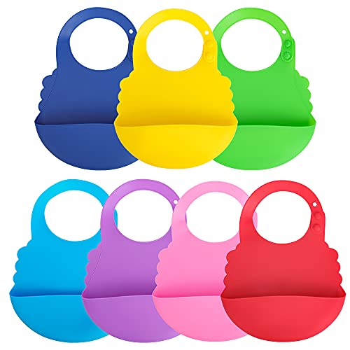 Aricsen 7 Pack Silicone Baby Bibs for Babies & Toddlers (6-72 Months), Plastic Adjustable Fit Waterproof Feeding, Easy Wipe Clean, Soft, Unisex, Pouch Non Messy Boys Girls Eating Drink (7 Colors)