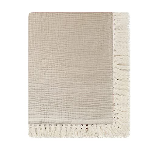 JH-YiSheng Cotton Muslin Baby Blanket with Tassel, Newborn Swaddle Wrap, Cotton Baby Receiving Blanket, Infant Sleeping Quilt Bed Cover, 43"x47" (Khaki)