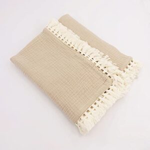 JH-YiSheng Cotton Muslin Baby Blanket with Tassel, Newborn Swaddle Wrap, Cotton Baby Receiving Blanket, Infant Sleeping Quilt Bed Cover, 43"x47" (Khaki)