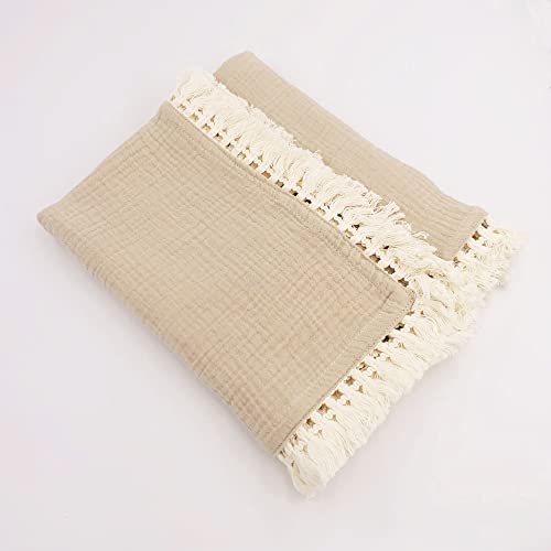 JH-YiSheng Cotton Muslin Baby Blanket with Tassel, Newborn Swaddle Wrap, Cotton Baby Receiving Blanket, Infant Sleeping Quilt Bed Cover, 43"x47" (Khaki)