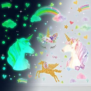 glow in the dark stars glowing unicorn wall decals glowing unicorn wall mural stickers with unicorn star rainbow flower heart clouds bubbles room decor for girls bedroom ceiling baby home kid birthday