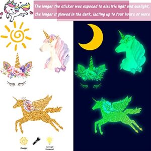 Glow in the Dark Stars Glowing Unicorn Wall Decals Glowing Unicorn Wall Mural Stickers with Unicorn Star Rainbow Flower Heart Clouds Bubbles Room Decor for Girls Bedroom Ceiling Baby Home Kid Birthday