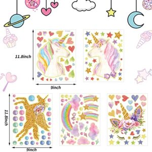 Glow in the Dark Stars Glowing Unicorn Wall Decals Glowing Unicorn Wall Mural Stickers with Unicorn Star Rainbow Flower Heart Clouds Bubbles Room Decor for Girls Bedroom Ceiling Baby Home Kid Birthday