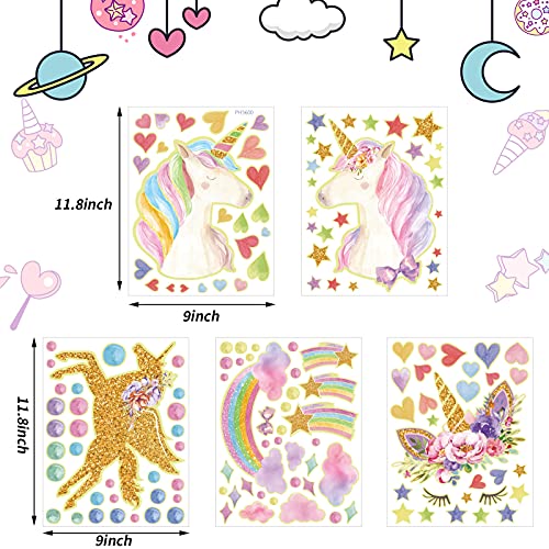 Glow in the Dark Stars Glowing Unicorn Wall Decals Glowing Unicorn Wall Mural Stickers with Unicorn Star Rainbow Flower Heart Clouds Bubbles Room Decor for Girls Bedroom Ceiling Baby Home Kid Birthday