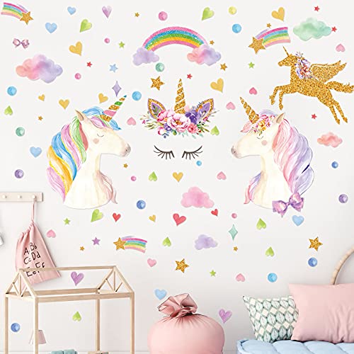 Glow in the Dark Stars Glowing Unicorn Wall Decals Glowing Unicorn Wall Mural Stickers with Unicorn Star Rainbow Flower Heart Clouds Bubbles Room Decor for Girls Bedroom Ceiling Baby Home Kid Birthday