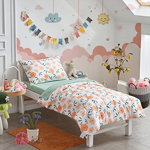 4 Pieces White Girls Toddler Bedding Set Orange Floral Style - Includes Adorable Quilted Flower Comforter, Green Plaid Fitted Sheet, Top Sheet, and Pillow Case for Girls Bed